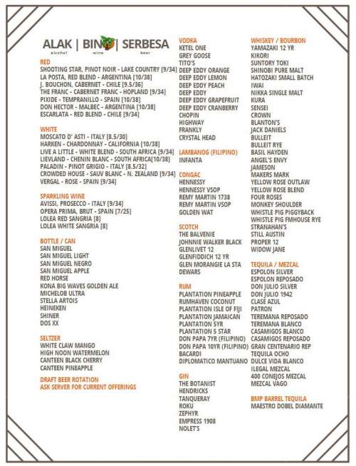 Be More Pacific - Filipino Kitchen and Bar menu in Houston, Texas, USA