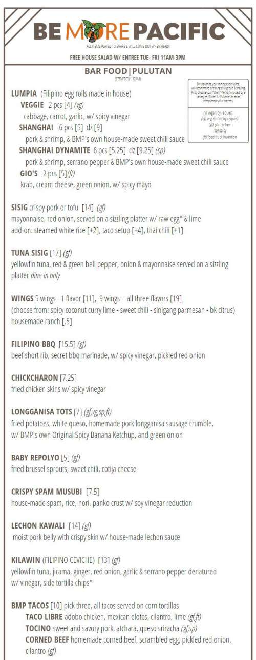 Be More Pacific - Filipino Kitchen and Bar menu in Houston, Texas, USA