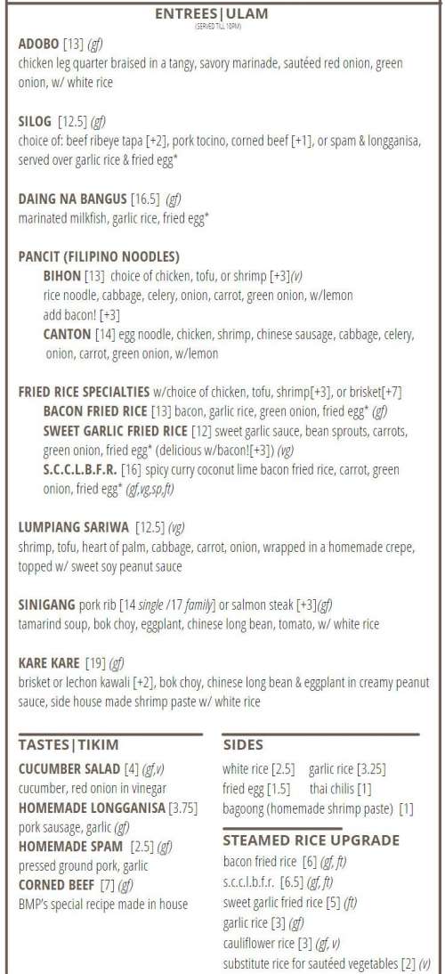 Be More Pacific - Filipino Kitchen and Bar menu in Houston, Texas, USA
