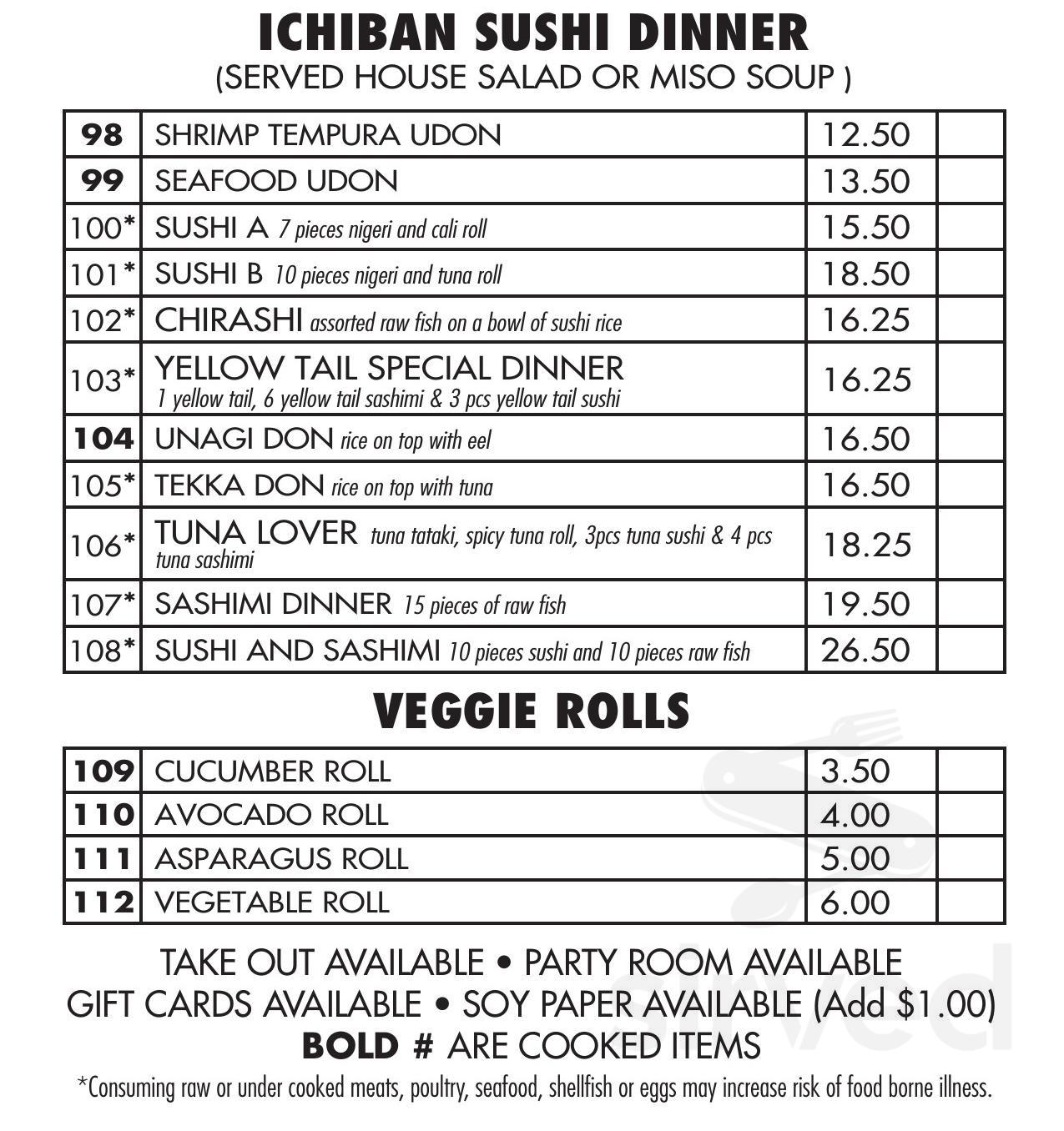 Ichiban Japanese Steakhouse and Sushi Bar menu in Sioux City, Iowa, USA