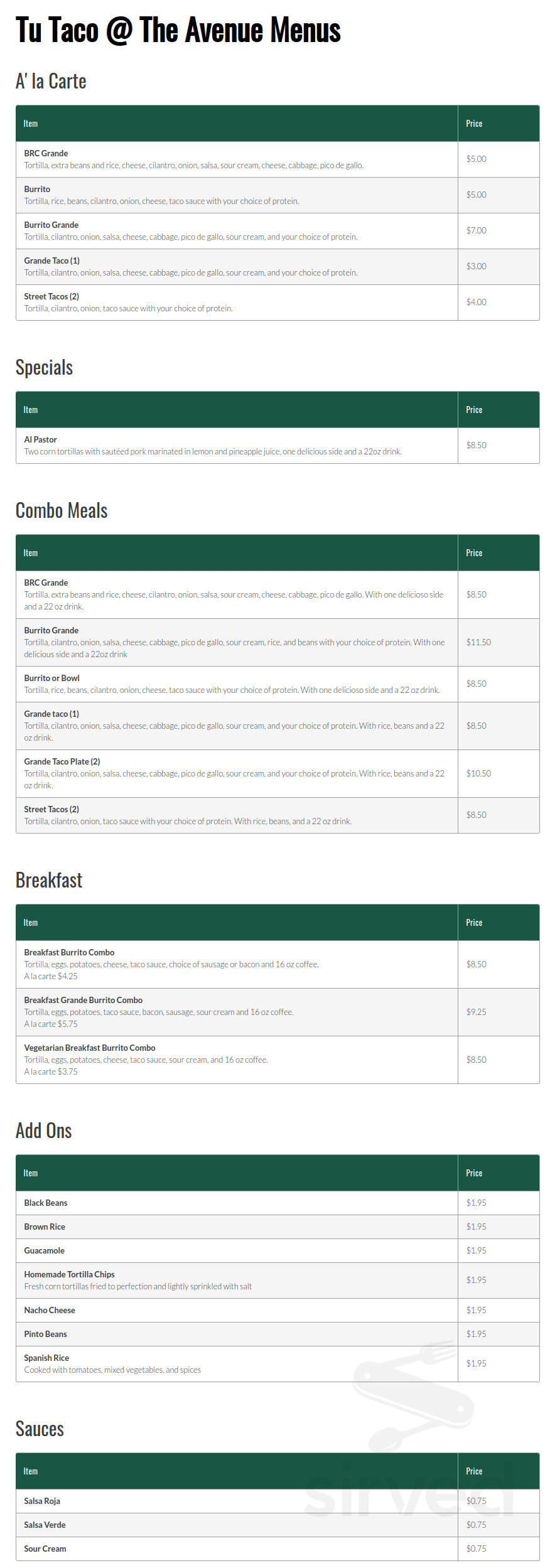 Tu Taco menus in San Luis Obispo, California, United States