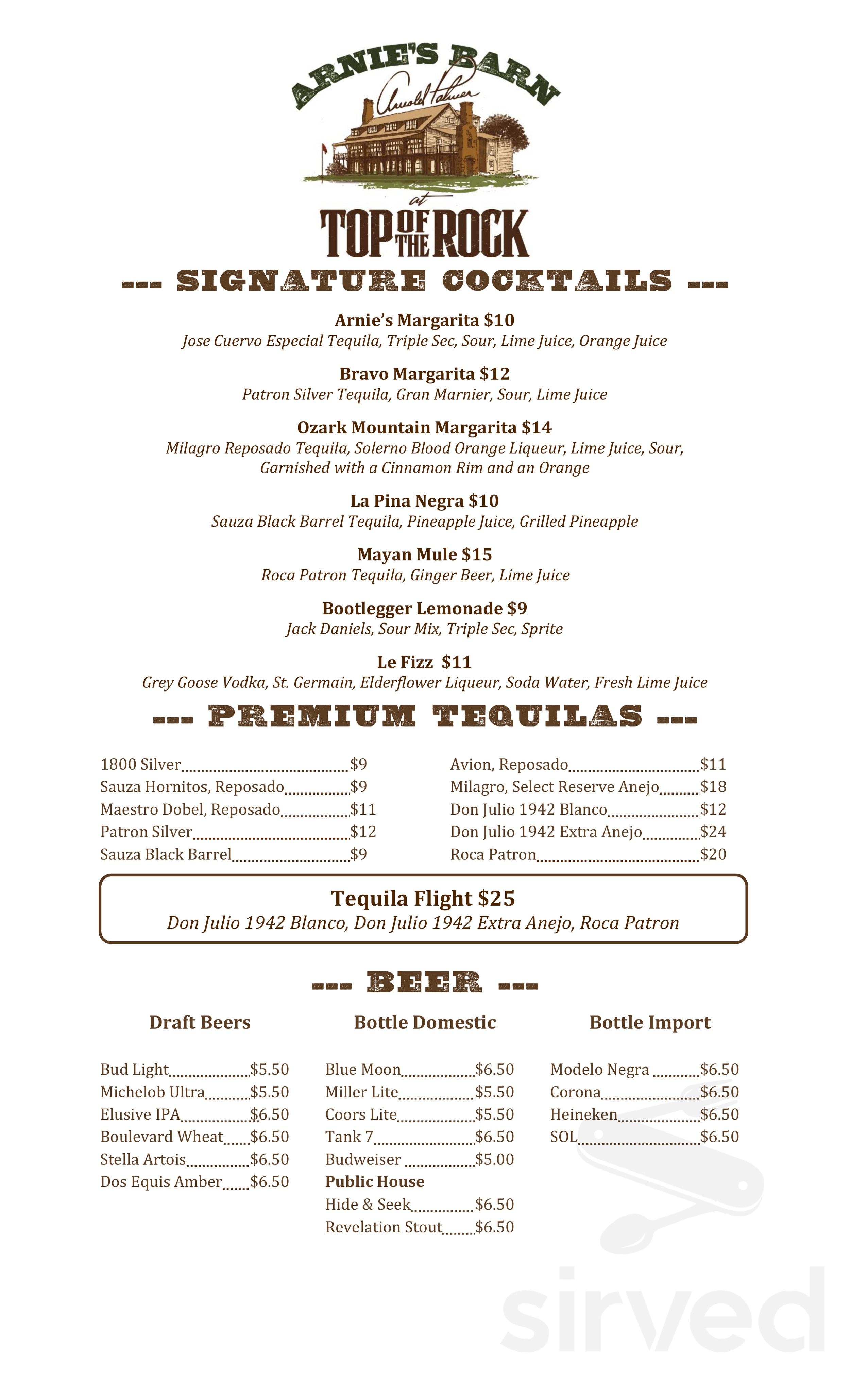 Top of the Rock menu in Ridgedale, Missouri, USA