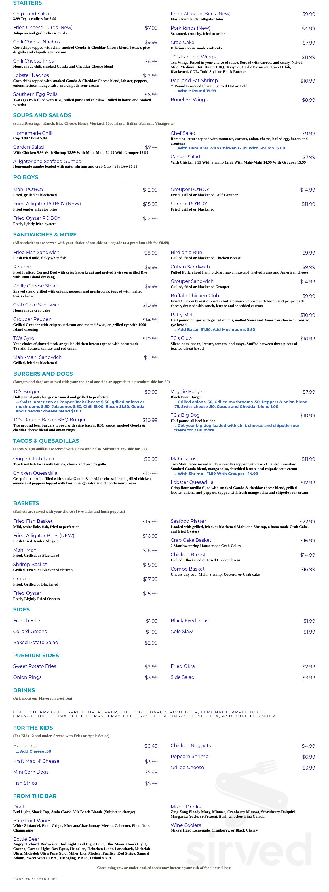 Menu for TC's Front Porch in Navarre, FL | Sirved