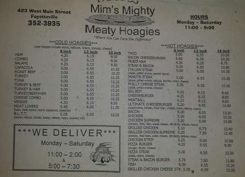 Mim's Mighty Meaty Hoagies menu in Fayetteville, Pennsylvania, USA