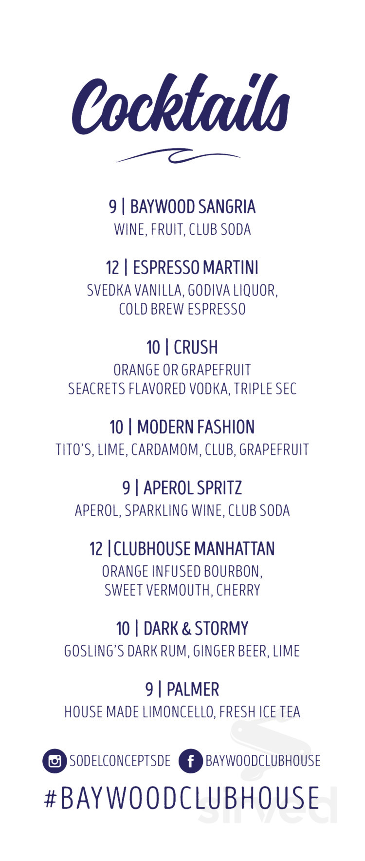 Menu - Long Neck DE's Baywood Greens | Sirved
