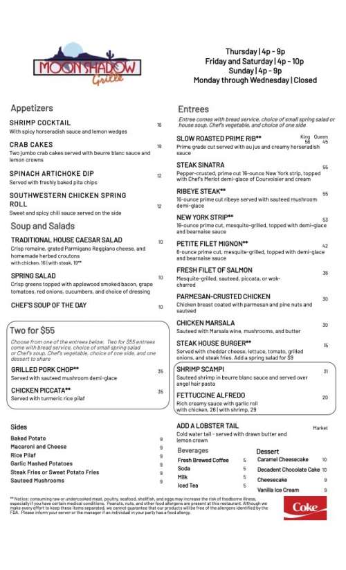 Moon Shadow Grille menu in Laughlin, Nevada, USA