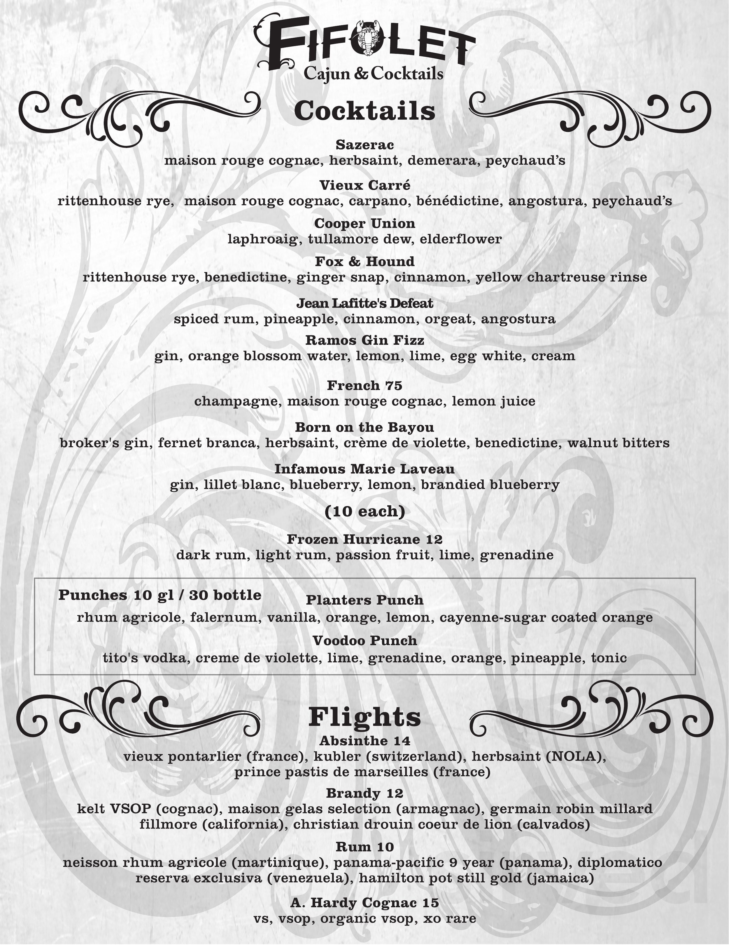 Menu - Chicago IL's Fifolet Cajun & Cocktails | Sirved