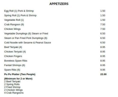 Joy Wah Restaurant menu in Bellows Falls, Vermont, USA