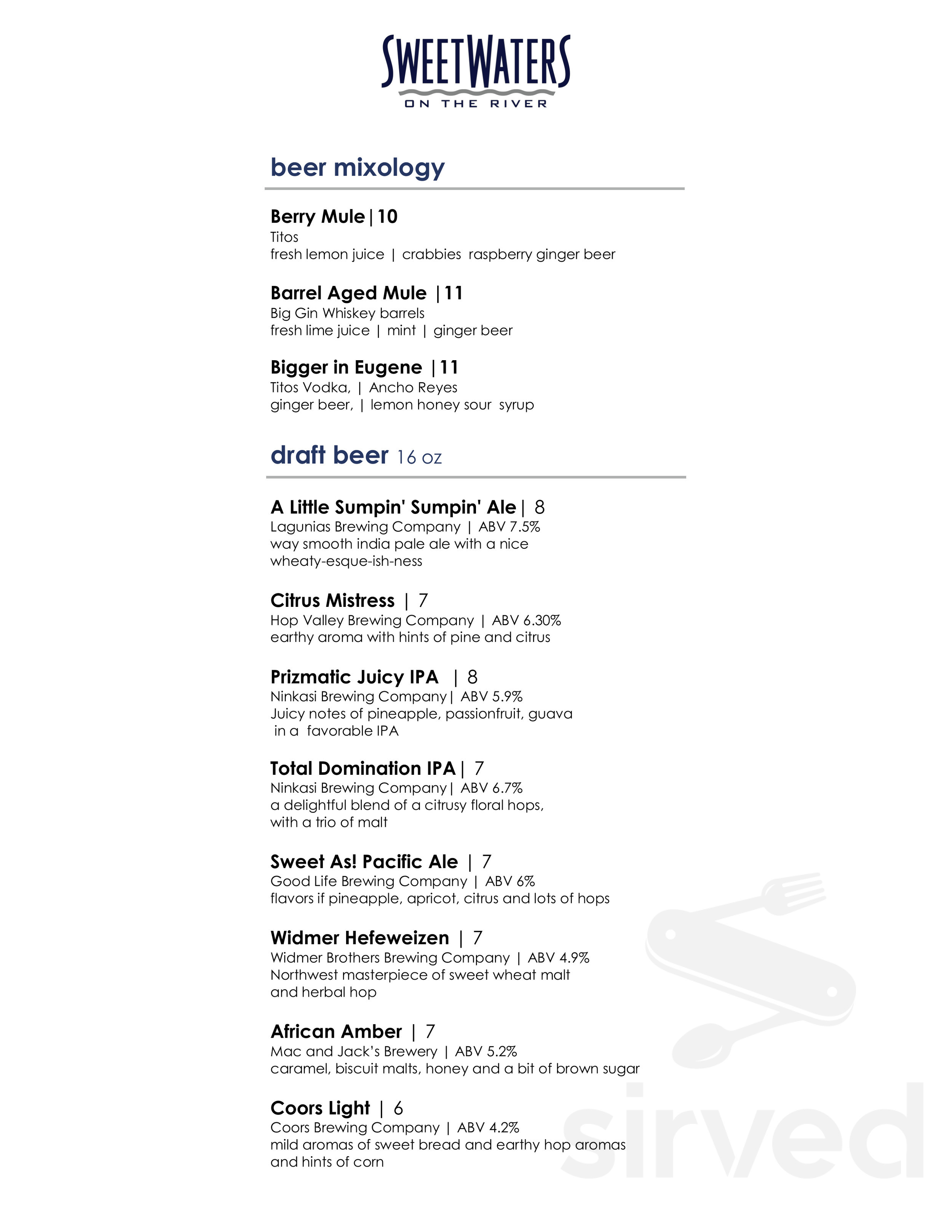 SweetWaters on the River menu in Eugene, Oregon, USA