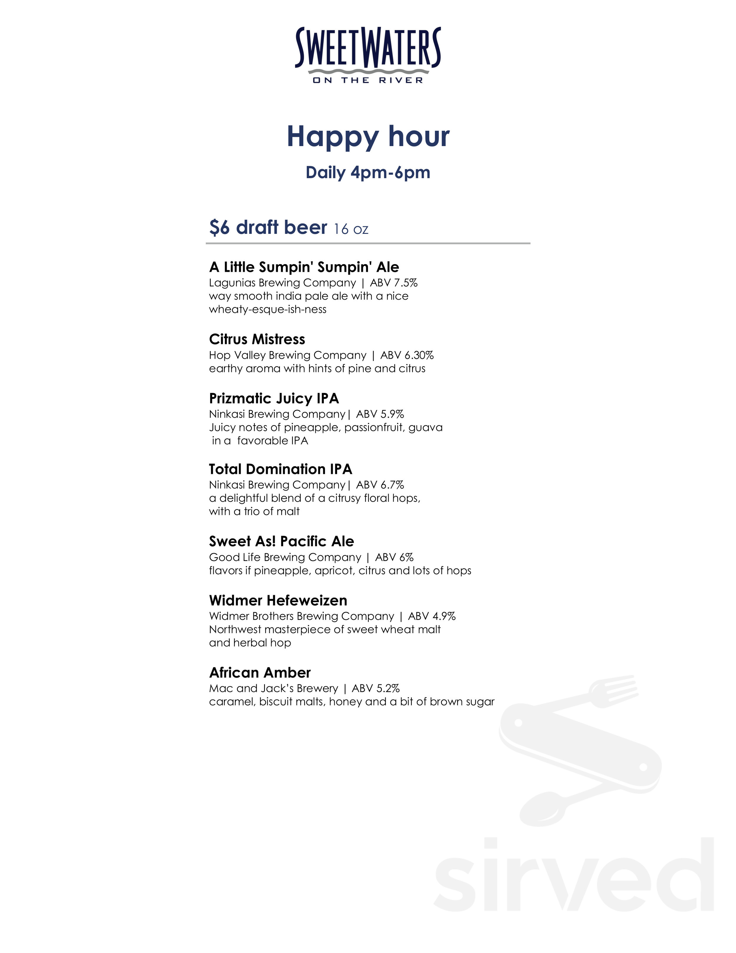 SweetWaters on the River menu in Eugene, Oregon, USA