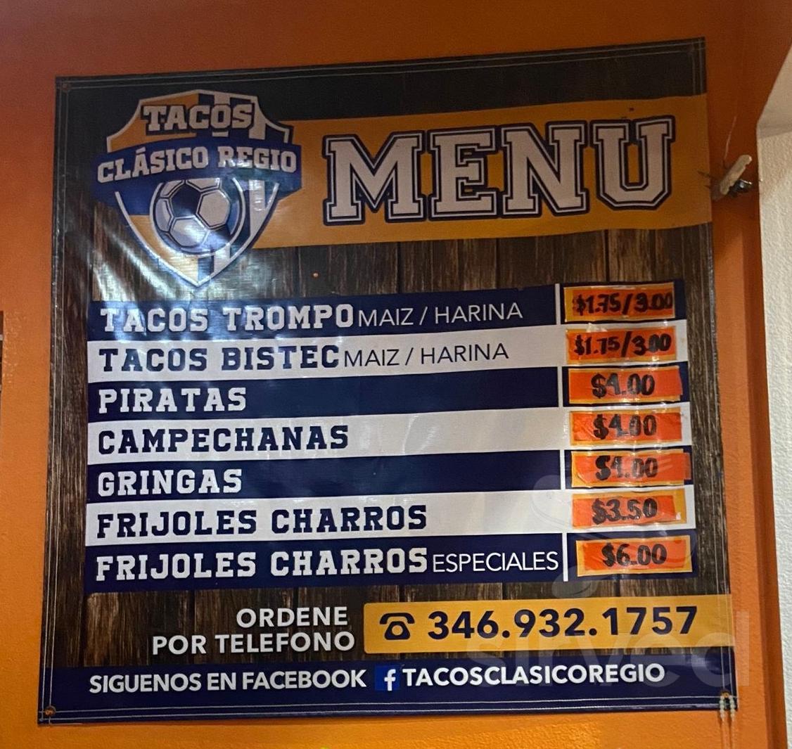 Tacos Clasico Regio menu in Houston, Texas, USA