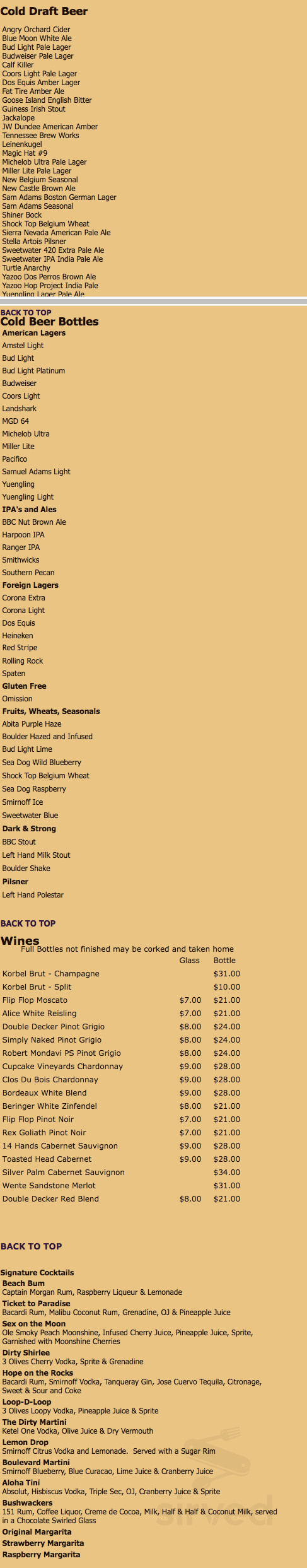 The Boulevard Bar & Grille menu in Murfreesboro, Tennessee, USA