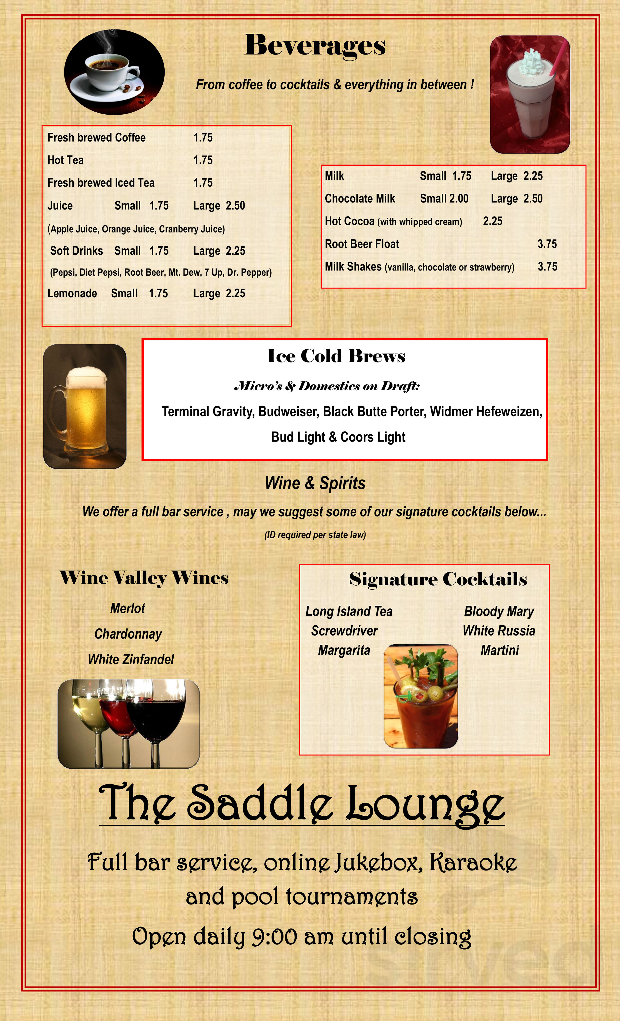 The Saddle Restaurant And Lounge menu in Pendleton, Oregon, USA