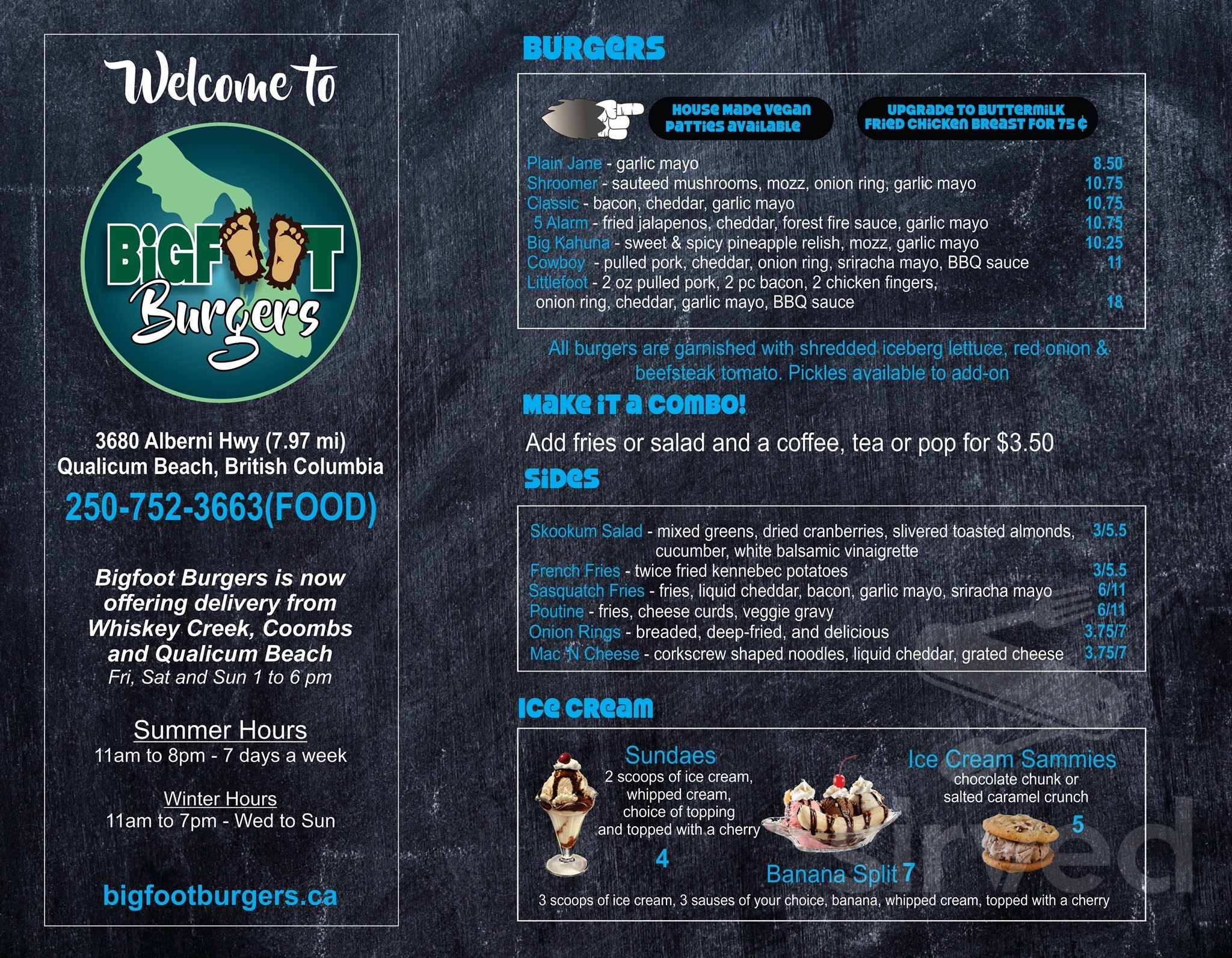 Menu for Bigfoot Burgers in Qualicum Beach, BC | Sirved