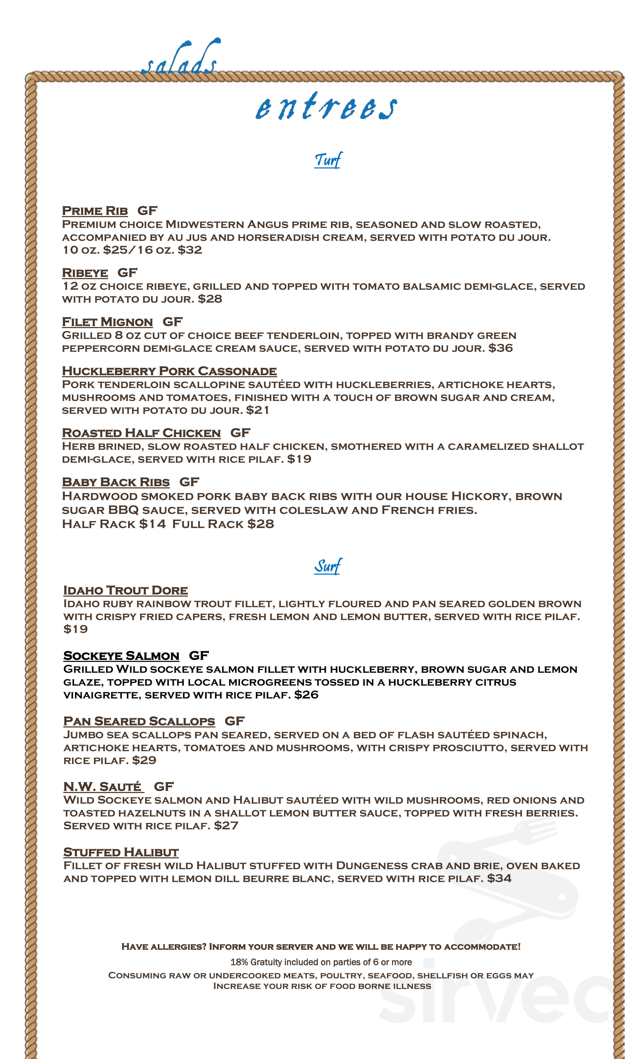 Trinity At City Beach menu in Sandpoint, Idaho, USA