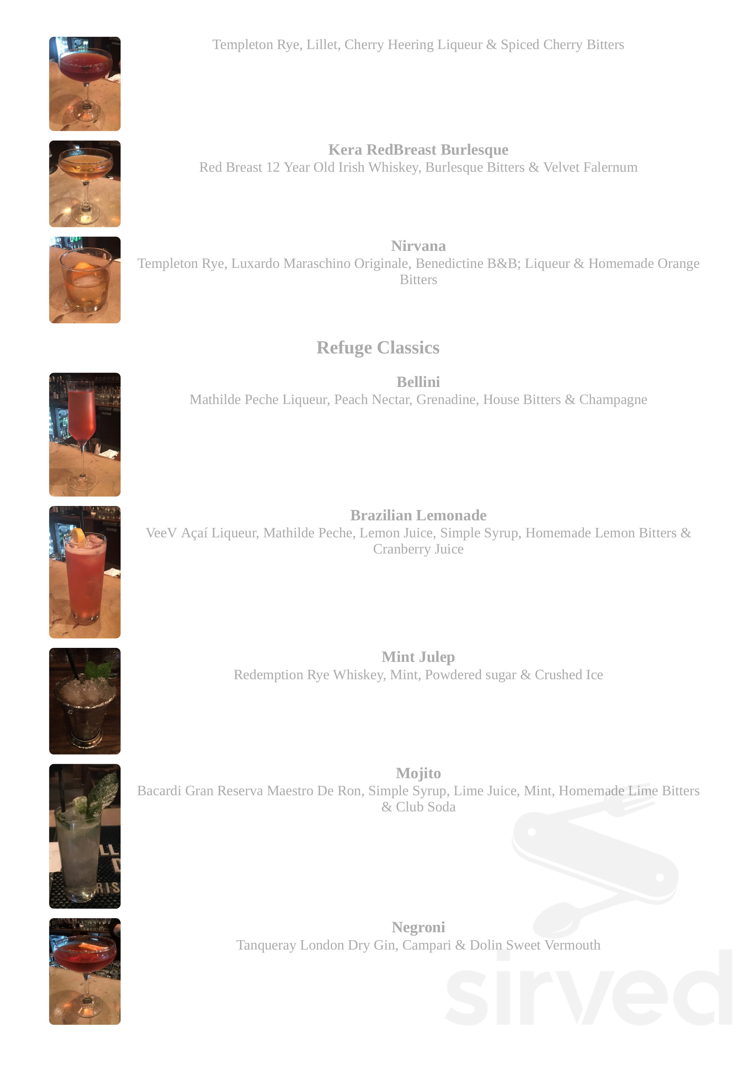 The Refuge Bar & Bistro menu in The Woodlands, Texas, USA