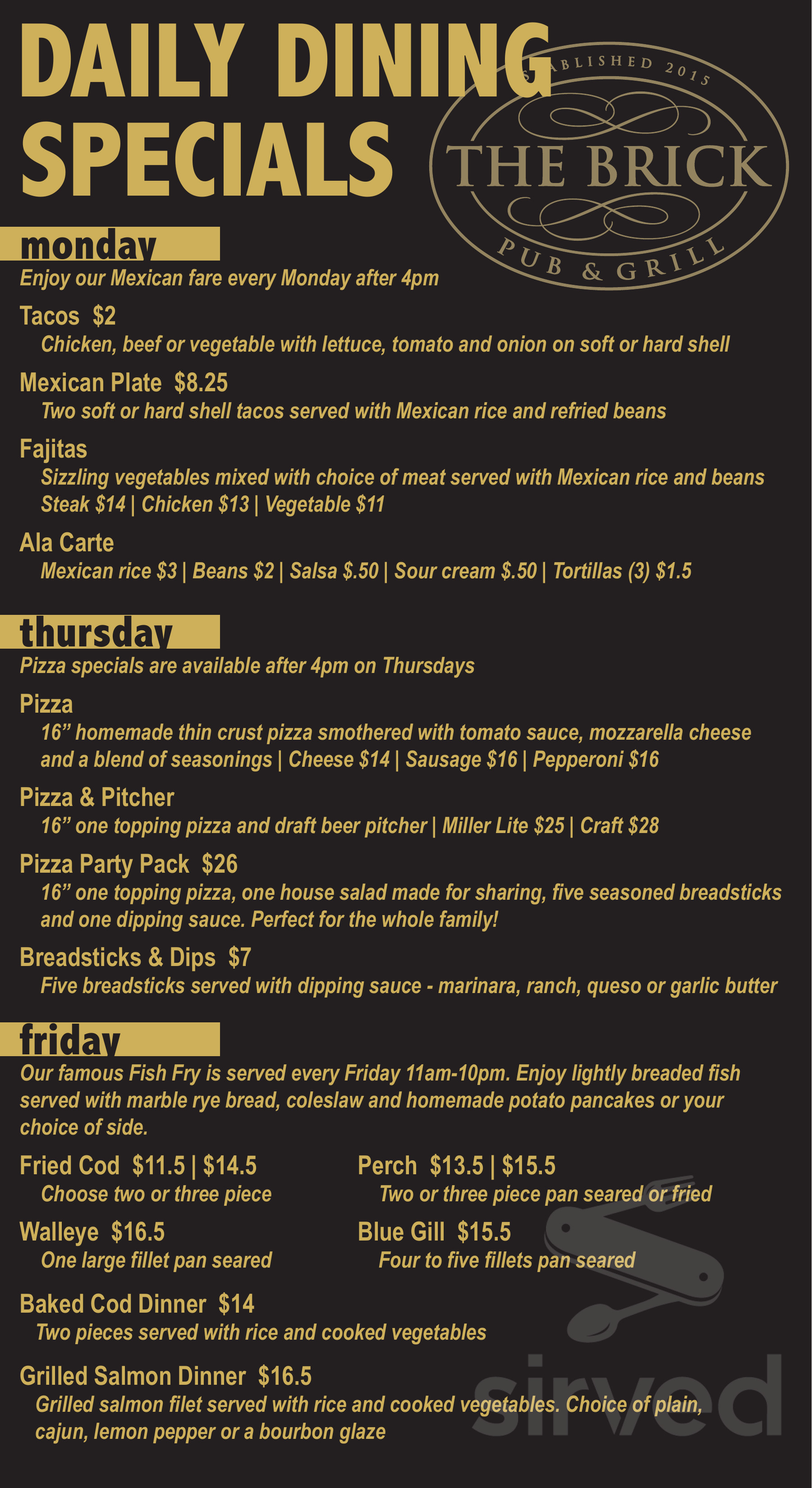 The Brick Pub and Grill menus in Glendale, Wisconsin, United States