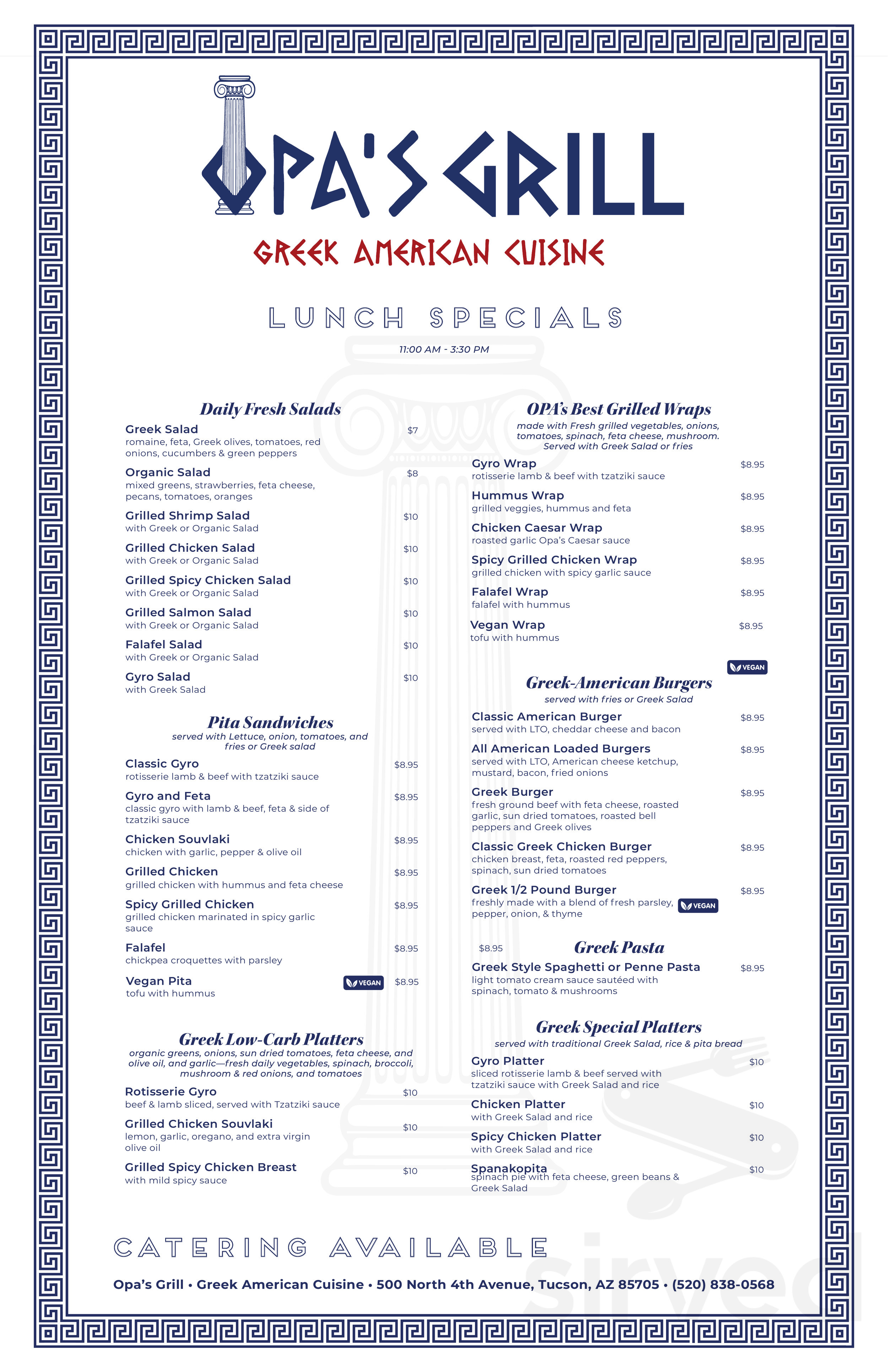 Opas Grill on 4th ave Greek American cuisine menu in Tucson, Arizona, USA