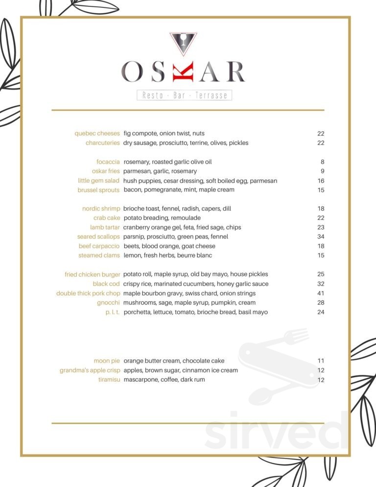 Restaurant Oskar menus in Montréal, Quebec, Canada