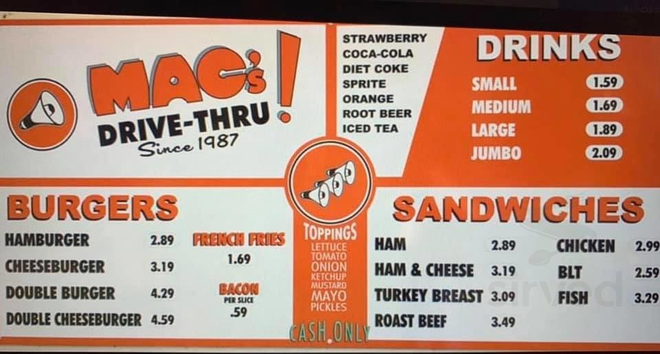 Menu for Mac's Drive Thru in Gainesville, FL | Sirved