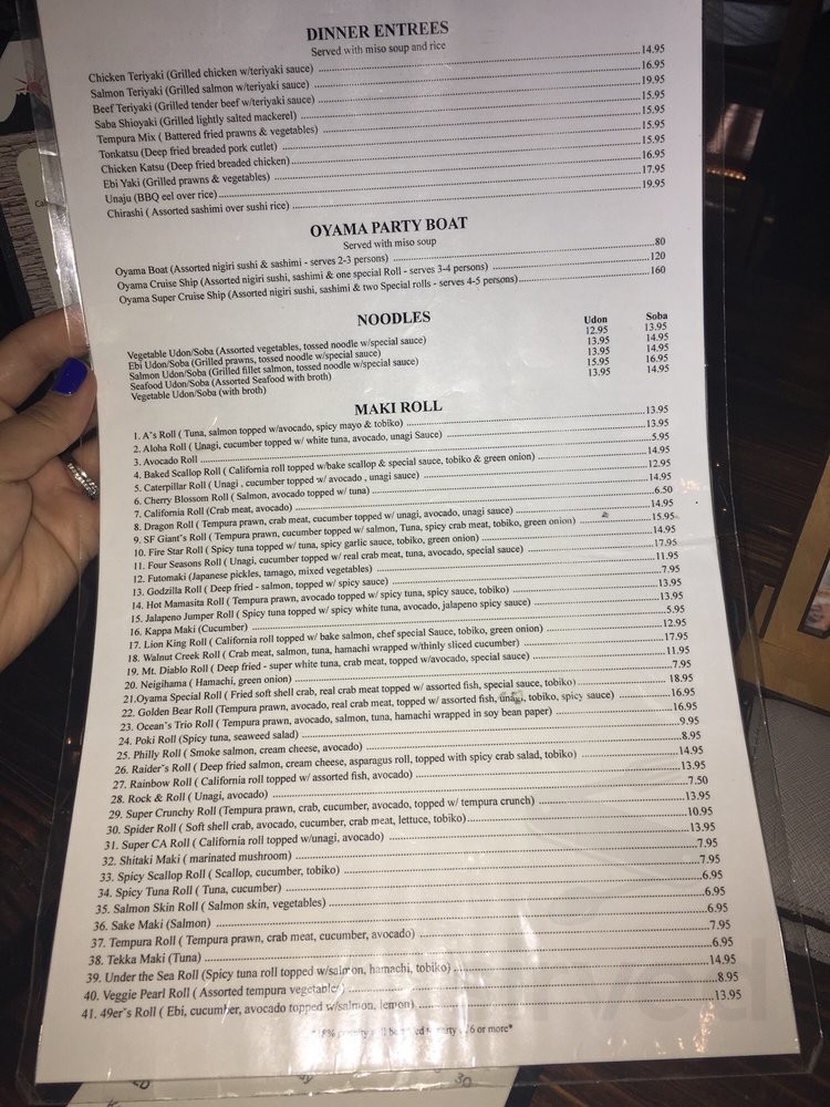 Oyama Sushi menu in Walnut Creek, California, USA