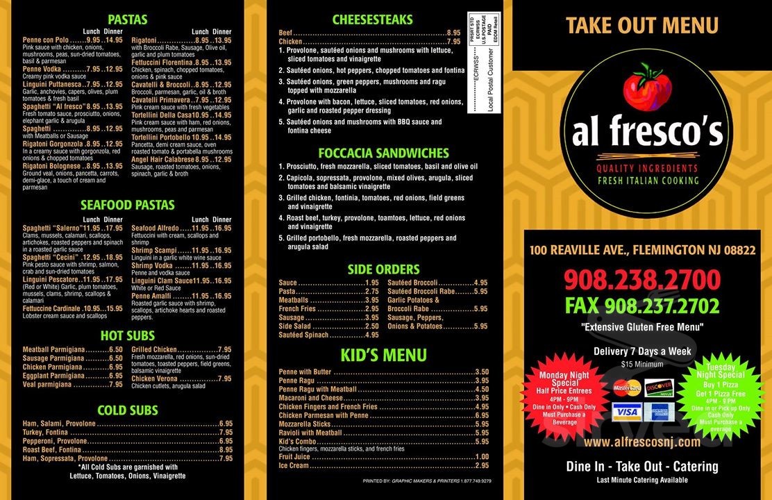 Al Fresco's menu in Flemington, New Jersey, USA