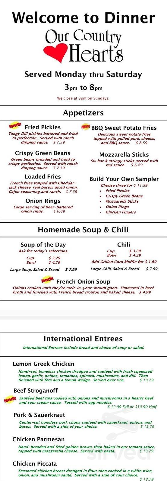 Our Country Hearts Restaurant menu in Endicott, New York, USA