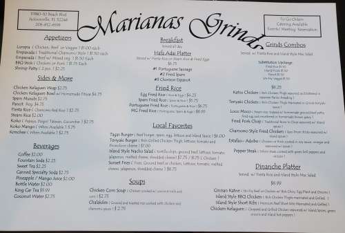 Marianas Grinds menu in Jacksonville, Florida, USA