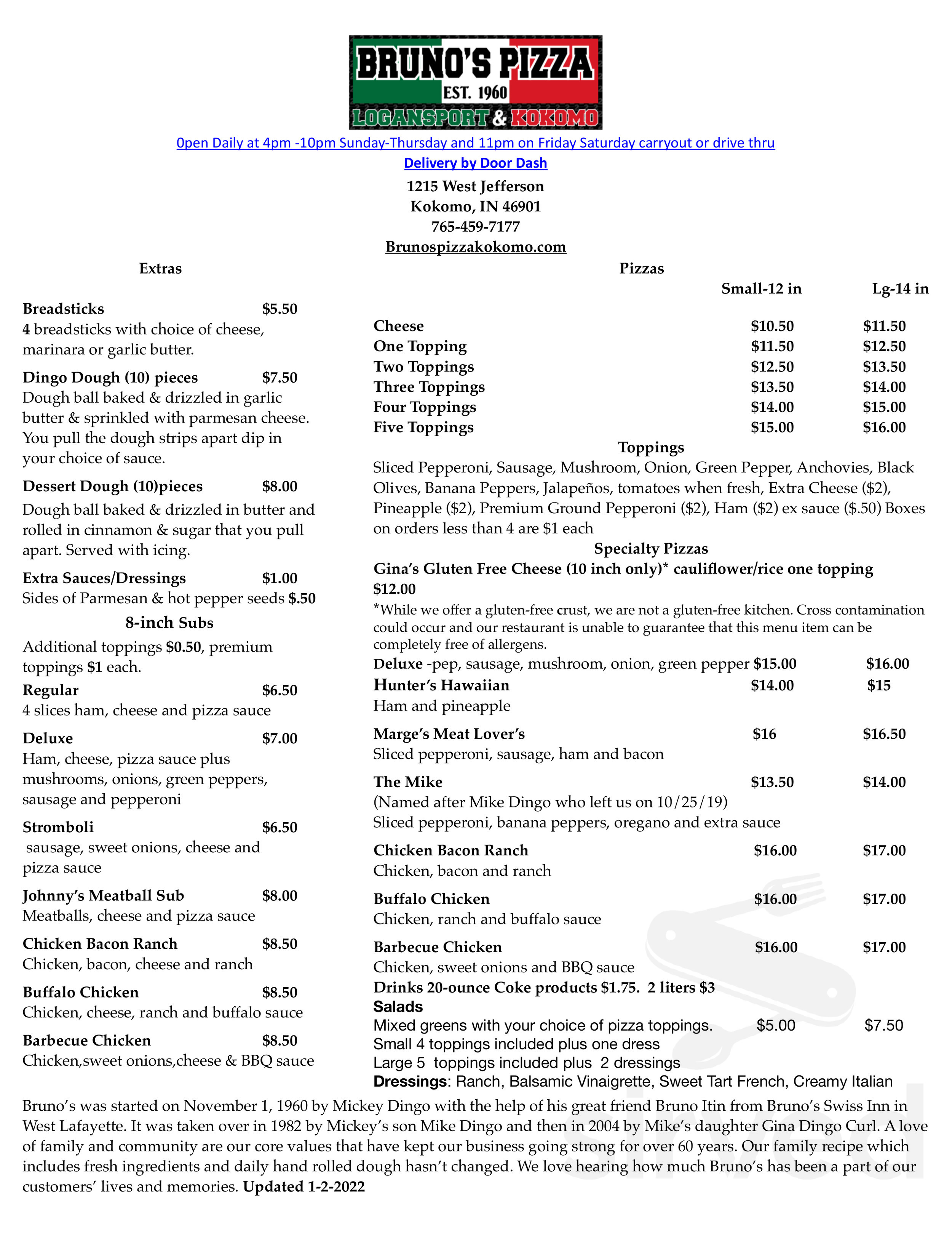 Bruno's Pizza Kokomo menu in Kokomo, Indiana, USA
