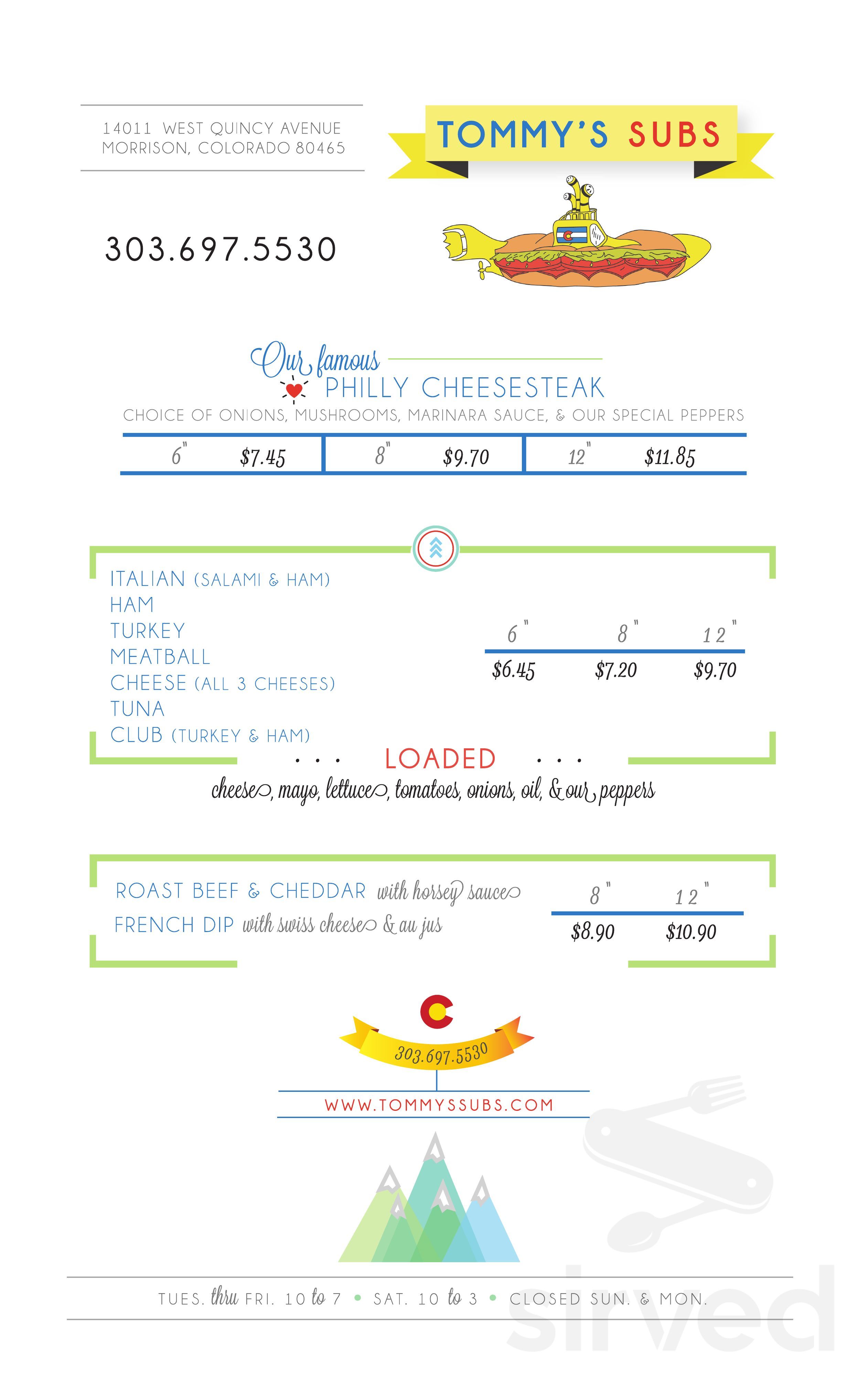 Menu for Tommy's Subs in Morrison, CO | Sirved
