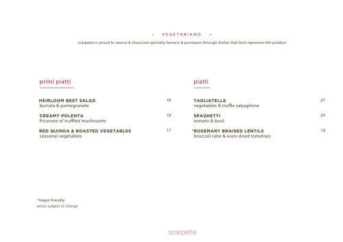 Scarpetta menu in Las Vegas, Nevada, USA