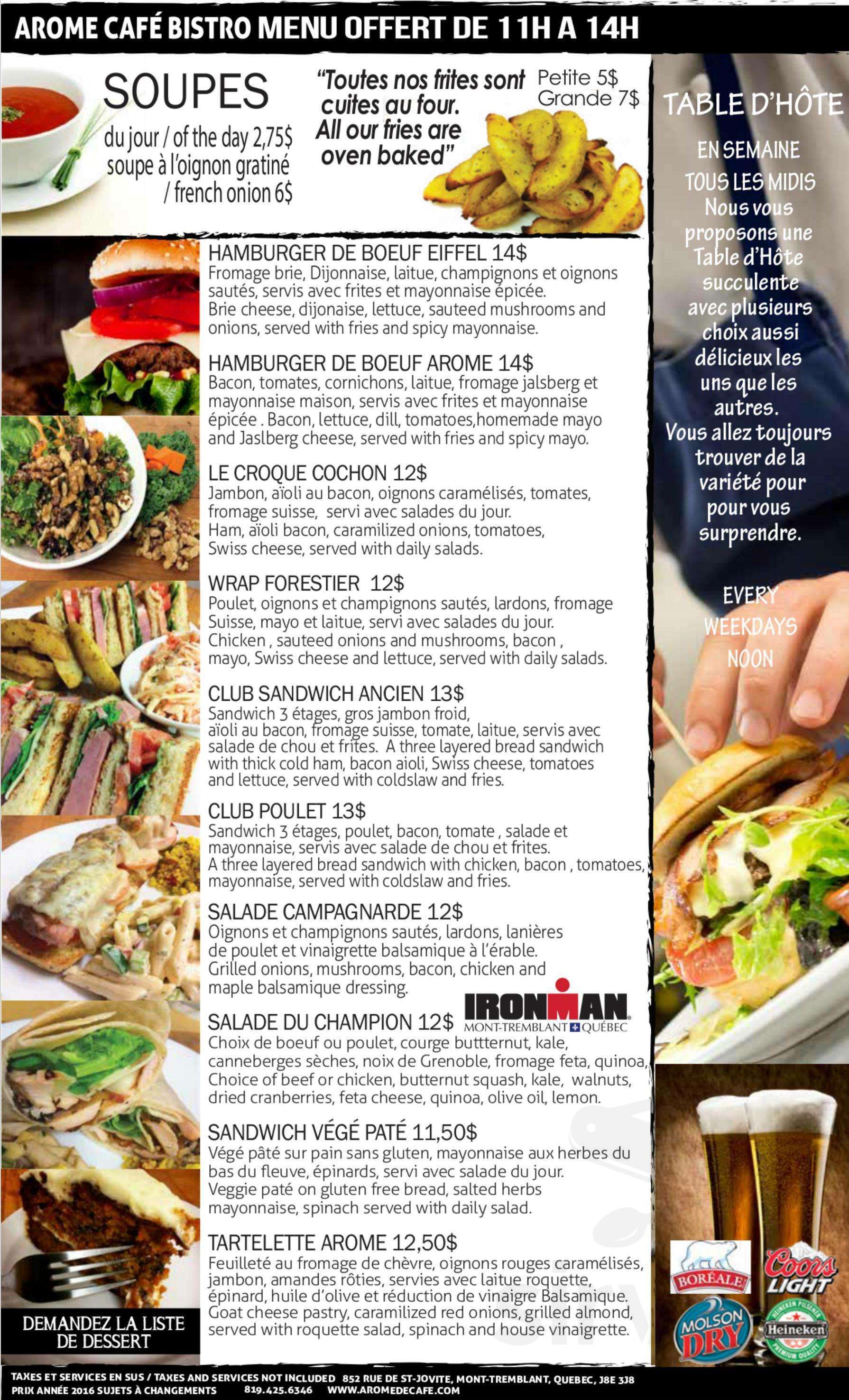 Restaurant Arôme de Café Bistro menu in Mont-Tremblant, Quebec, Canada