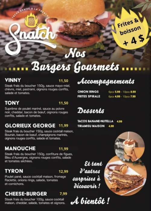 Snatch Restaurant Meilleur Tacos Français Et Burgers menu in Montreal ...