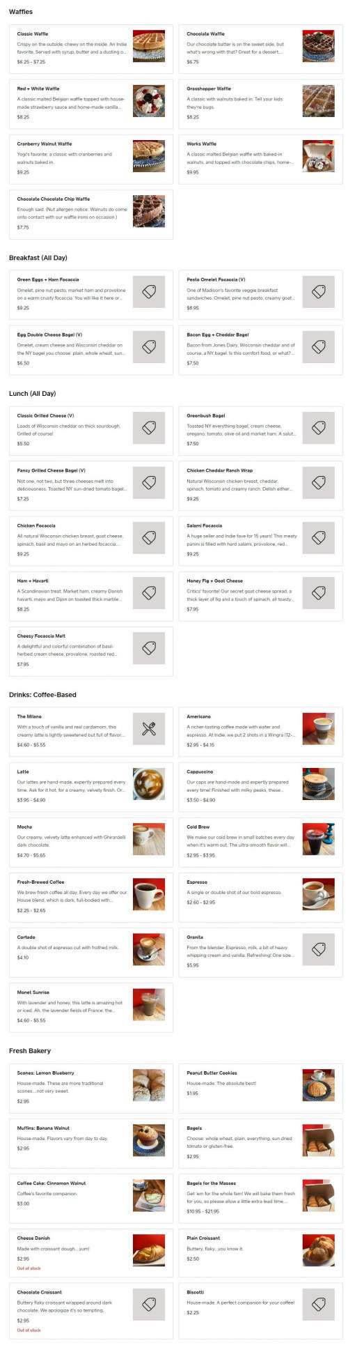 Indie Coffee menu in Madison, Wisconsin, USA