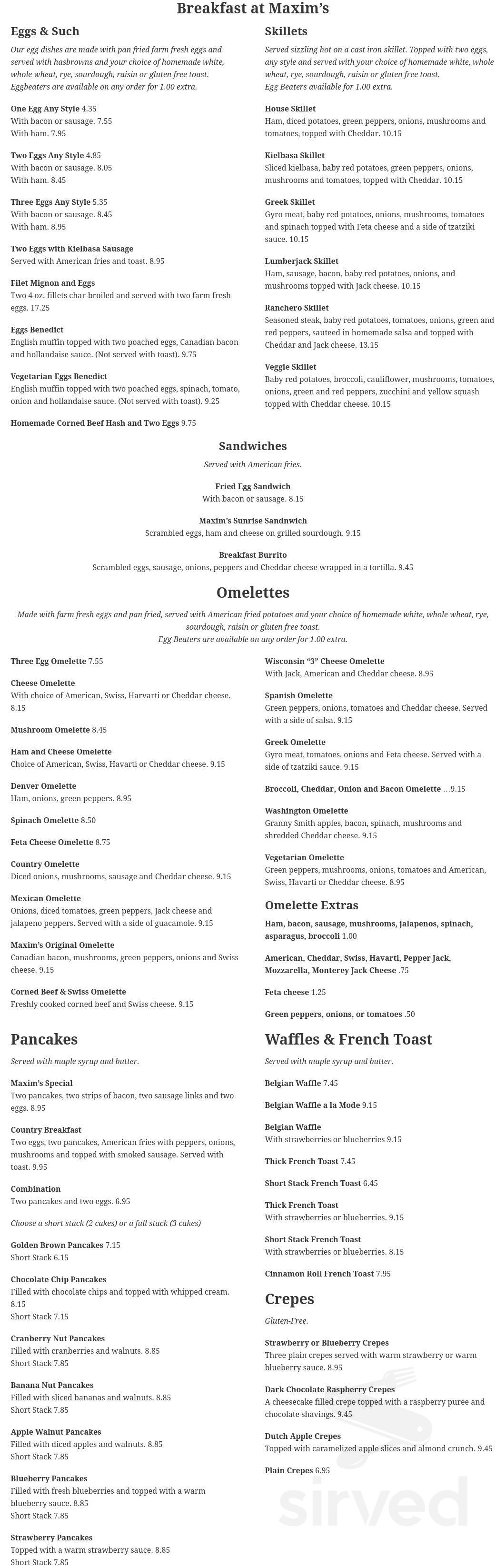 Menu for Maxim's At Oconomowoc Depot in Oconomowoc, WI | Sirved