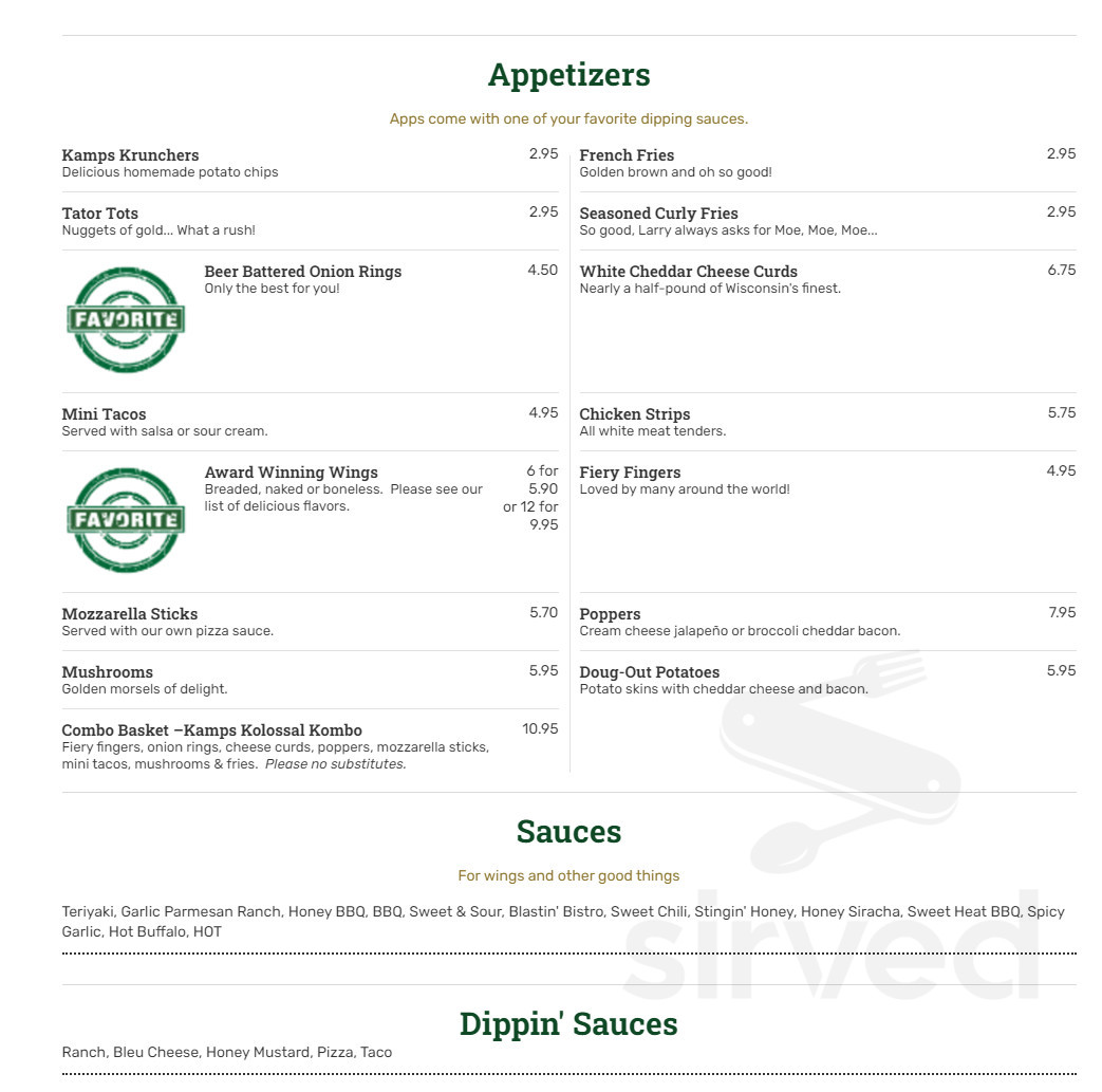 Menu for Kamps Bar and Grill in Combined Locks, WI | Sirved