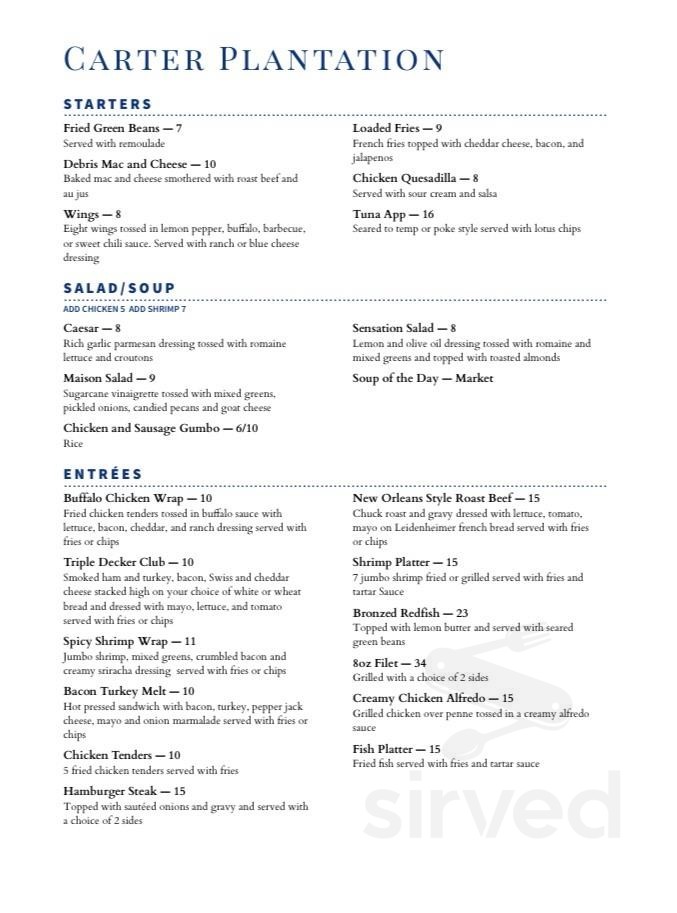 Carter Plantation Golf Course menu in Springfield, Louisiana, USA