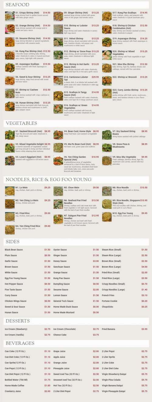 Yen Ching Restaurant menu in Richmond, Virginia, USA