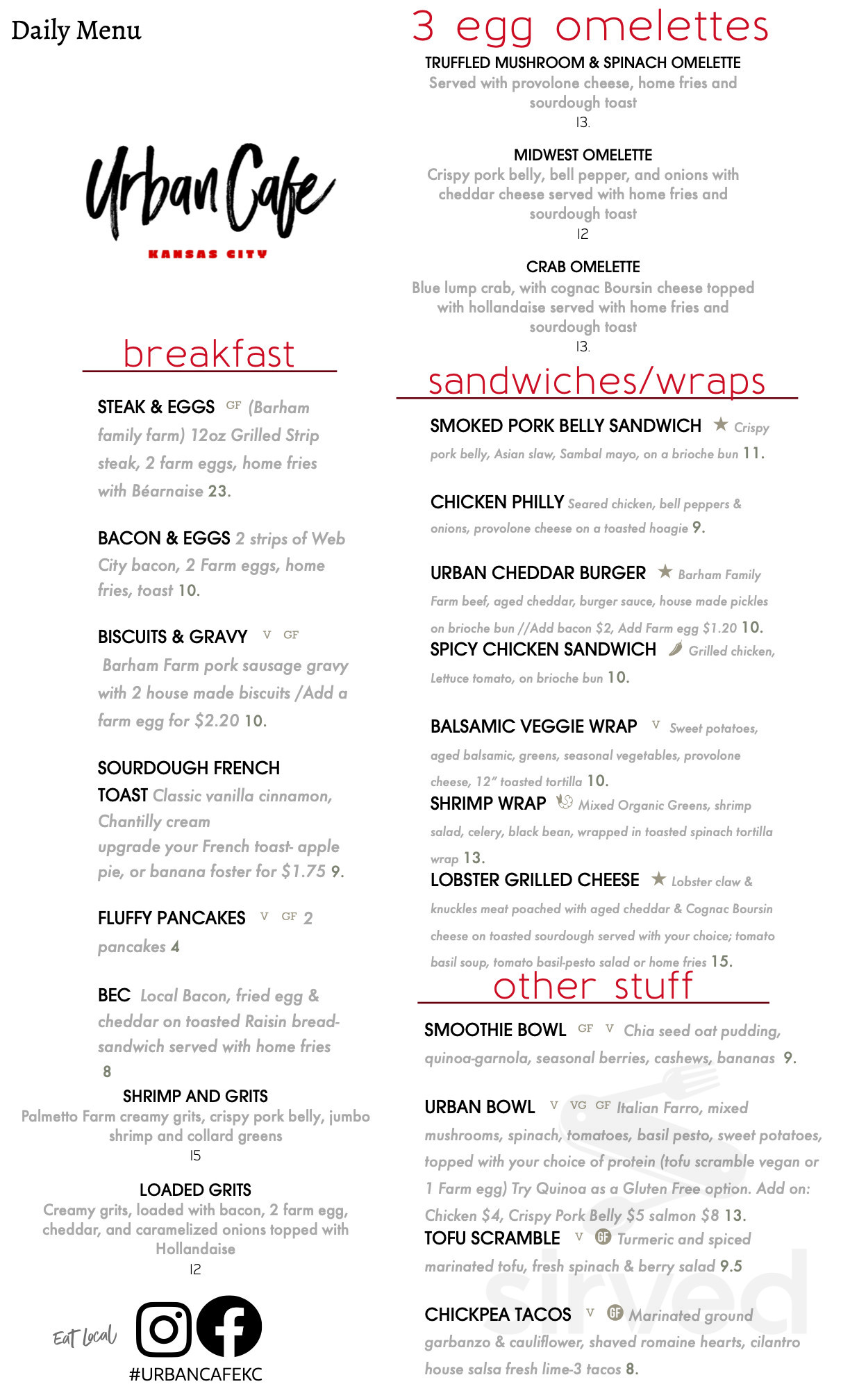 Urban Cafe menu in Kansas City, Missouri, USA