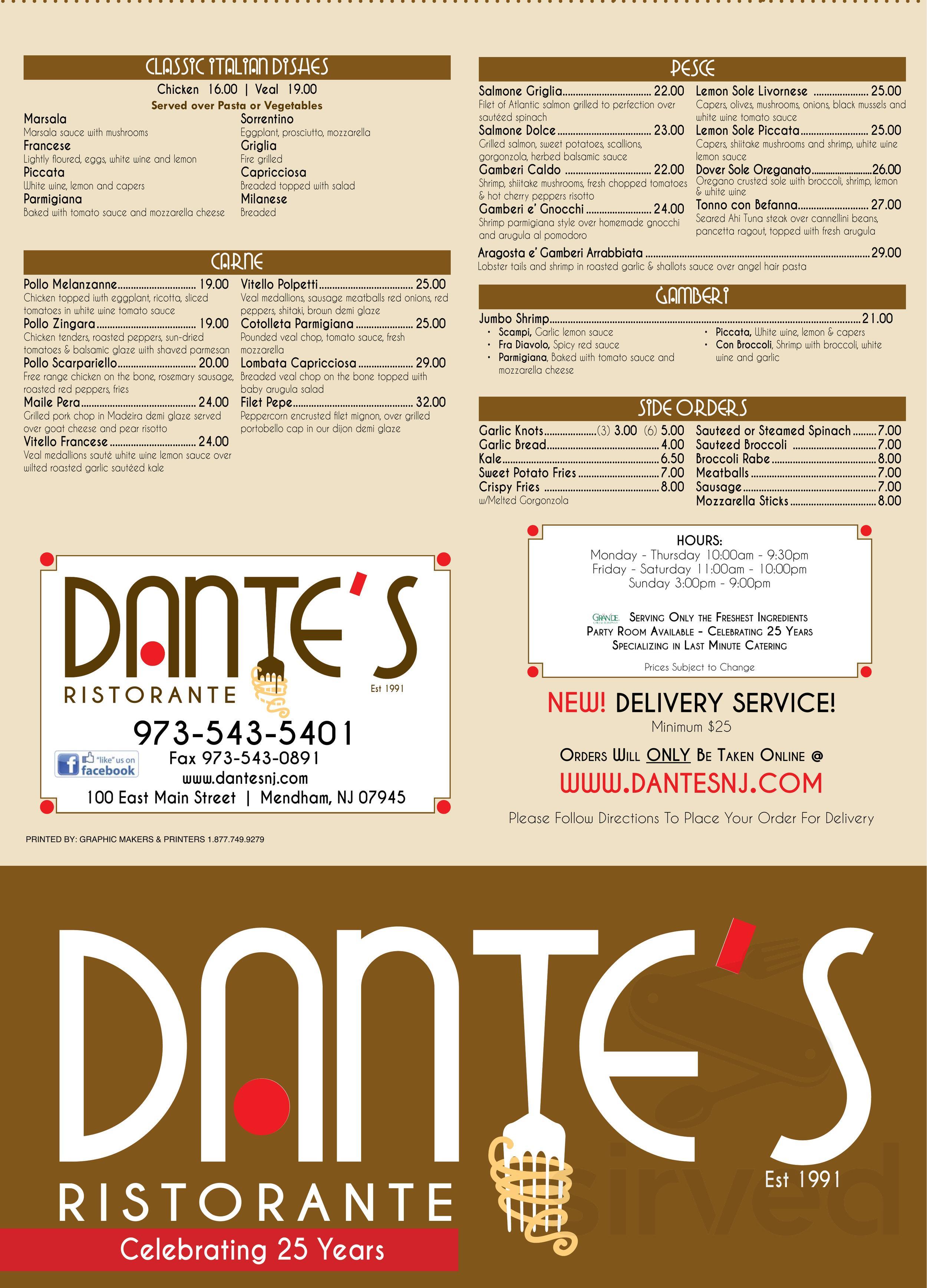 Dante's Italian Restaurant menu in Mendham Borough, New Jersey, USA