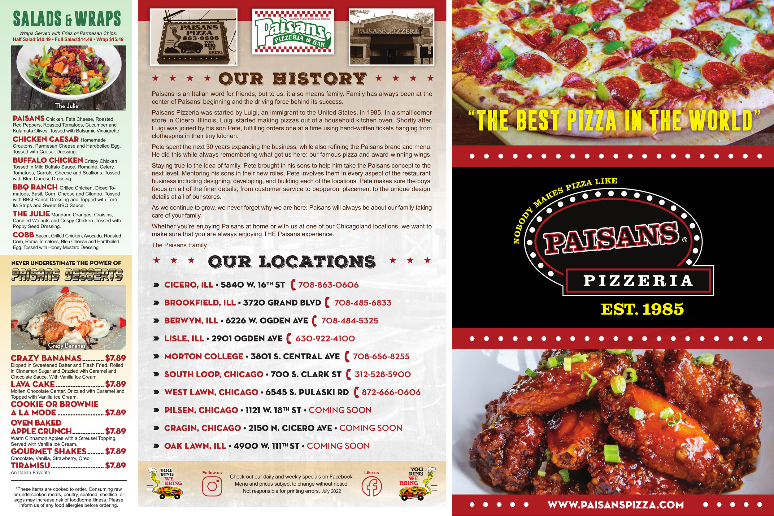 Paisans Pizzeria menu in Chicago, Illinois, USA