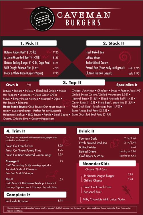 Caveman Burgers menu in Phoenix, Arizona, USA