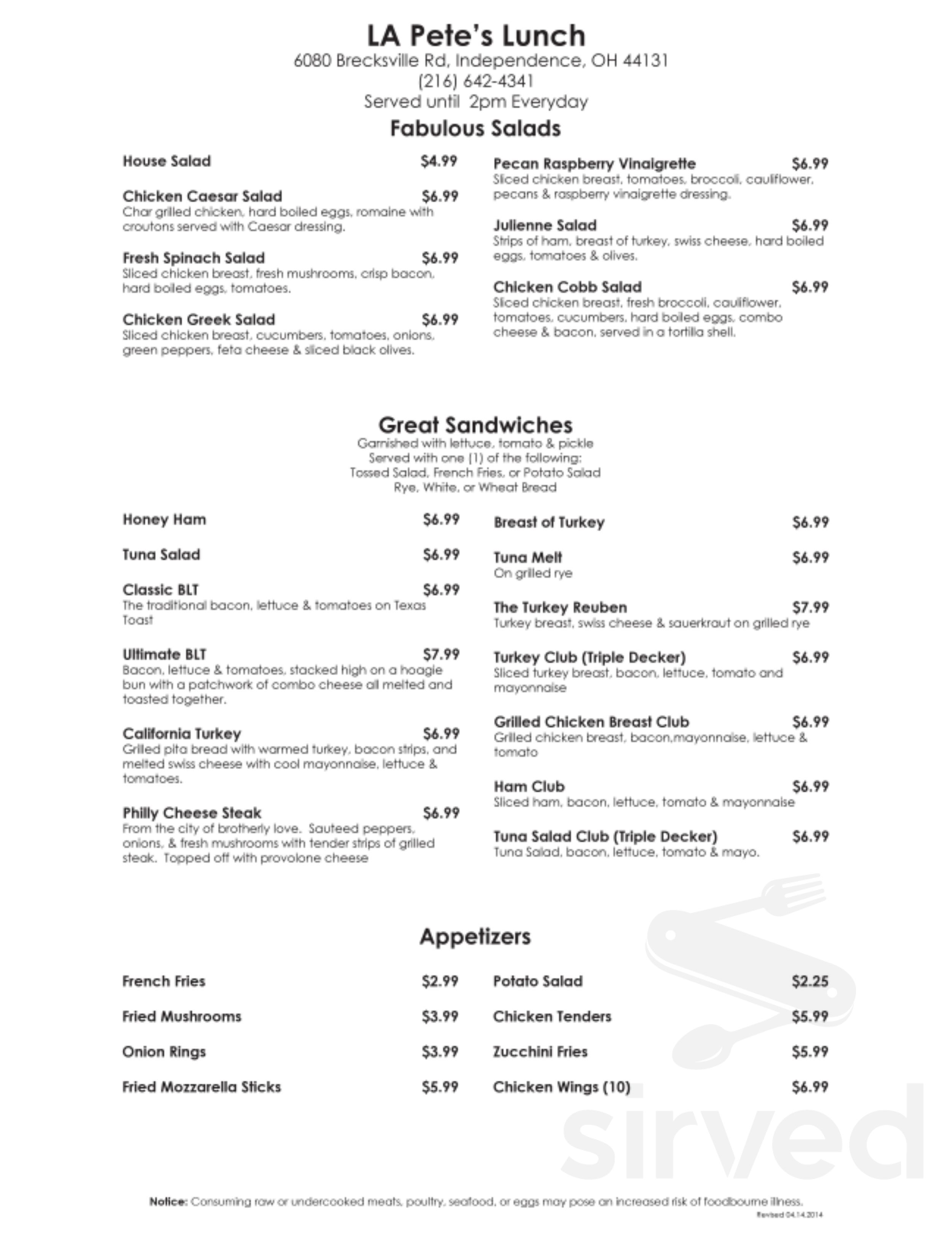 L.A. Pete's menu in Independence, Ohio, USA