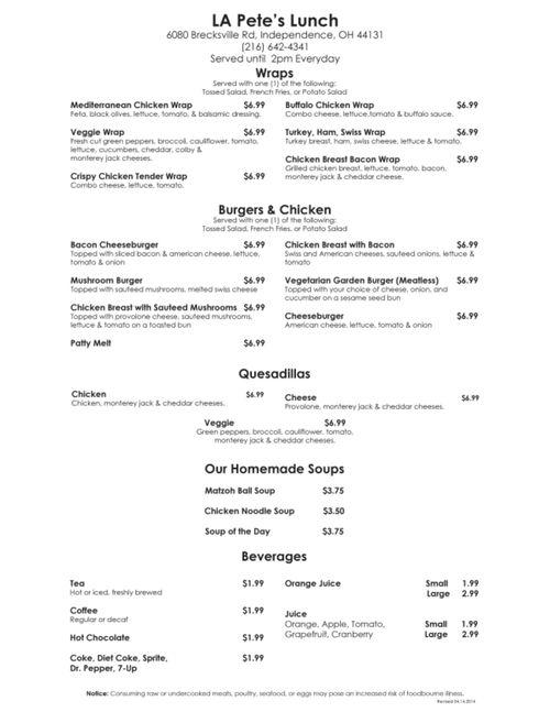 L.A. Pete's menu in Independence, Ohio, USA