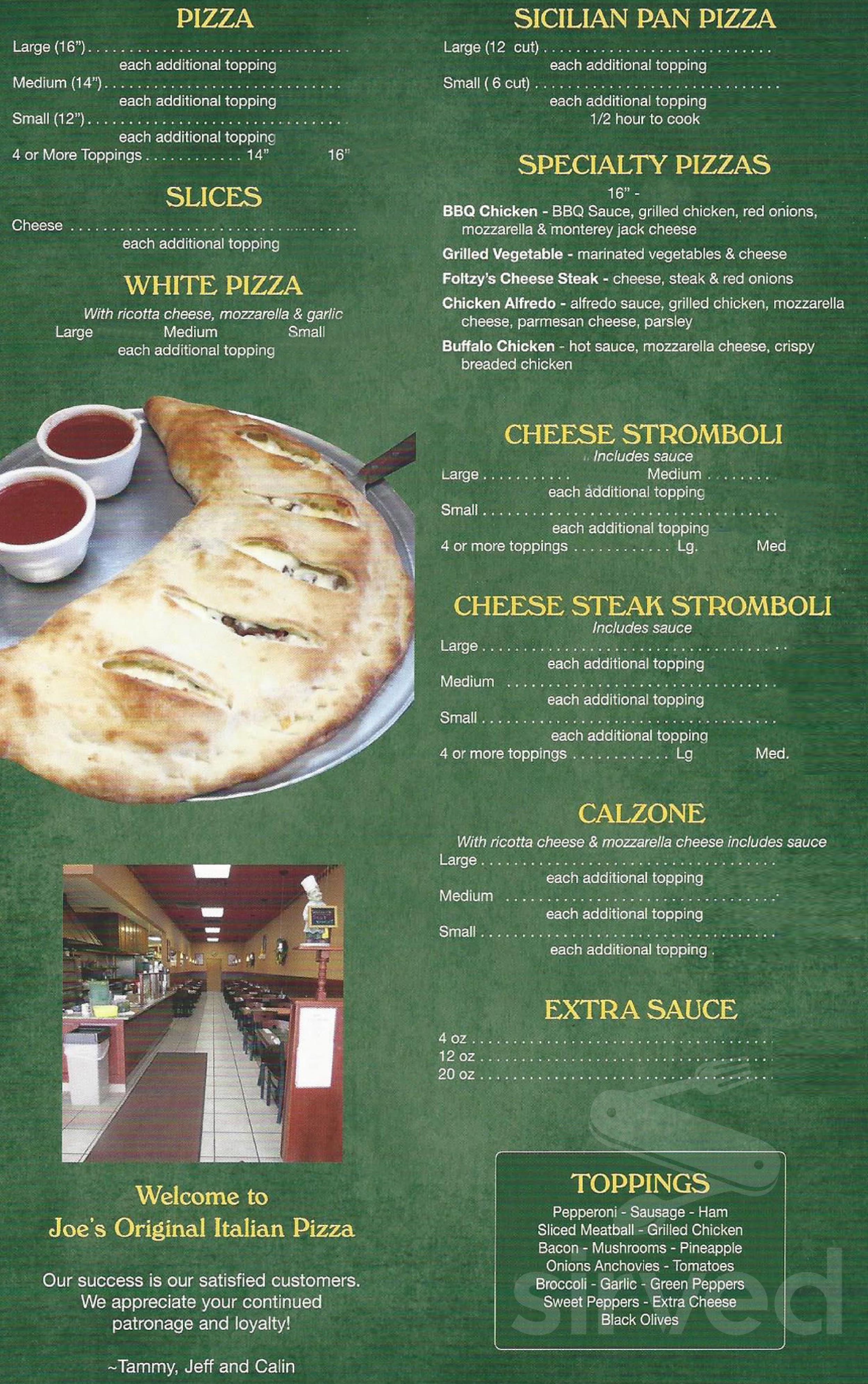 Joe's Original Italian Pizza menu in Lewistown, Pennsylvania, USA