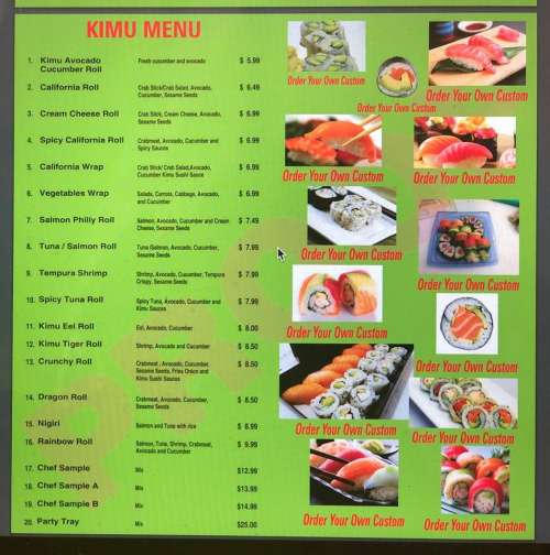Kimu Sushi menu in Grapevine, Texas, USA