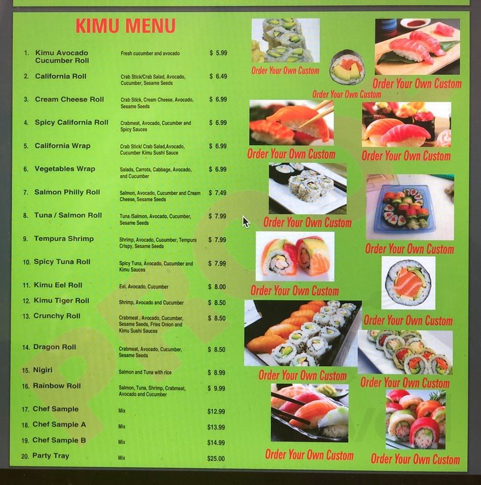 Kimu Sushi menu in Grapevine, Texas, USA