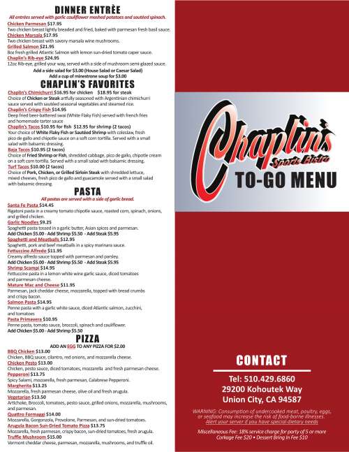 Chaplin's Sports Bistro menu in Union City, California, USA