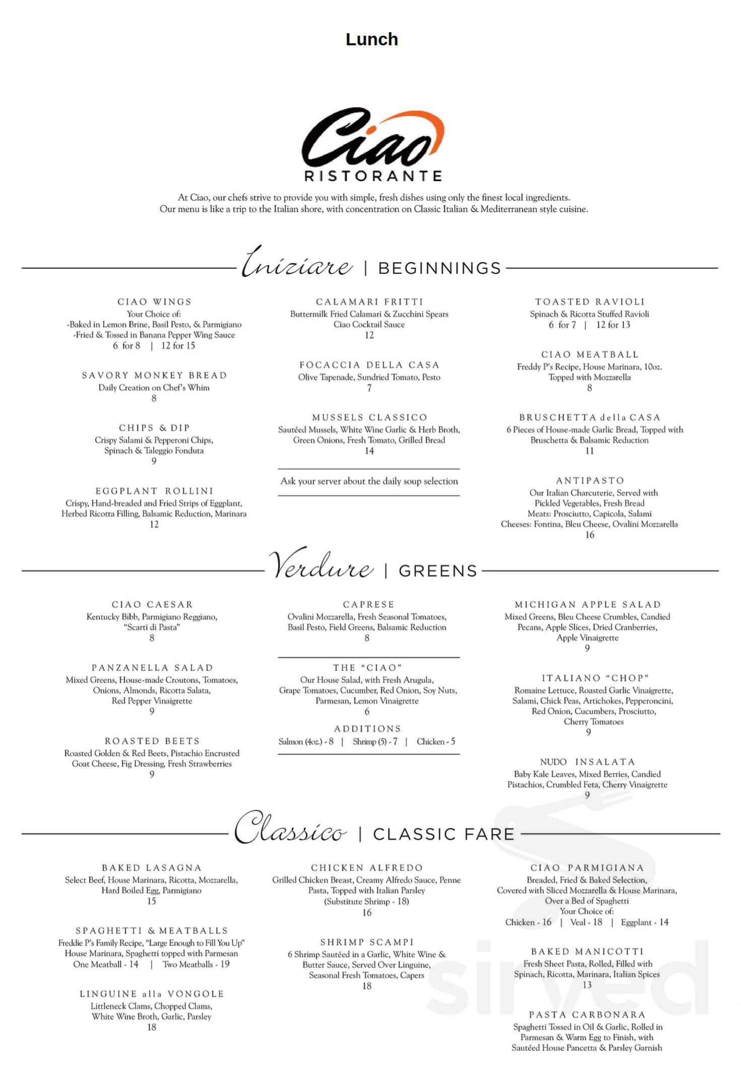 Ciao Ristorante menu in Louisville, Kentucky, USA