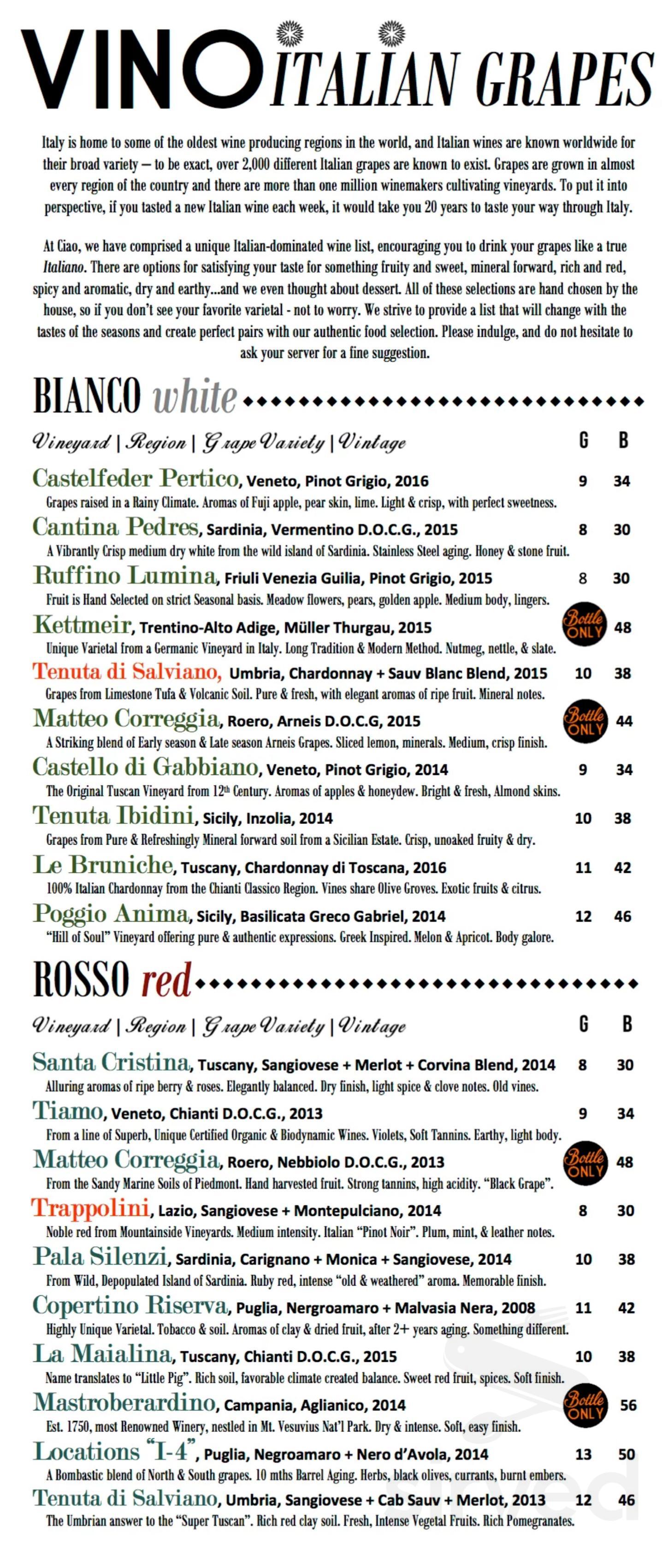 Ciao Ristorante menu in Louisville, Kentucky, USA